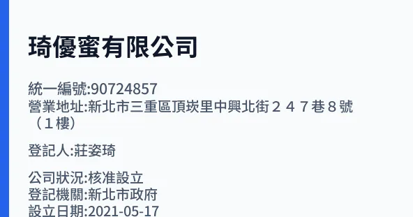 琦優蜜有限公司的照片-統編 90724857(新北市) 公司登記資料與營業項目詳細圖表