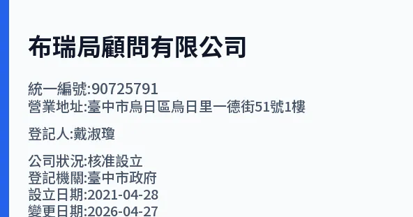布瑞局顧問有限公司的照片-統編 90725791(臺中市) 公司登記資料與營業項目詳細圖表