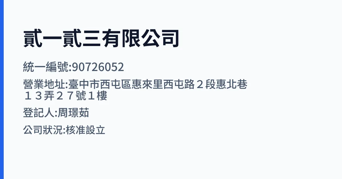 貳一貳三有限公司 - 統編 90726052(臺中市) 公司登記資料與營業項目詳細圖表