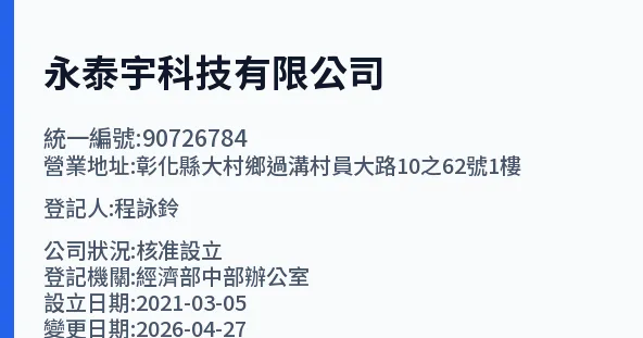 永泰宇科技有限公司的照片-統編 90726784(彰化縣) 公司登記資料與營業項目詳細圖表