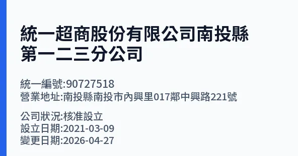 統一超商股份有限公司南投縣第一二三分公司的照片-統編 90727518(南投縣) 公司登記資料與營業項目詳細圖表