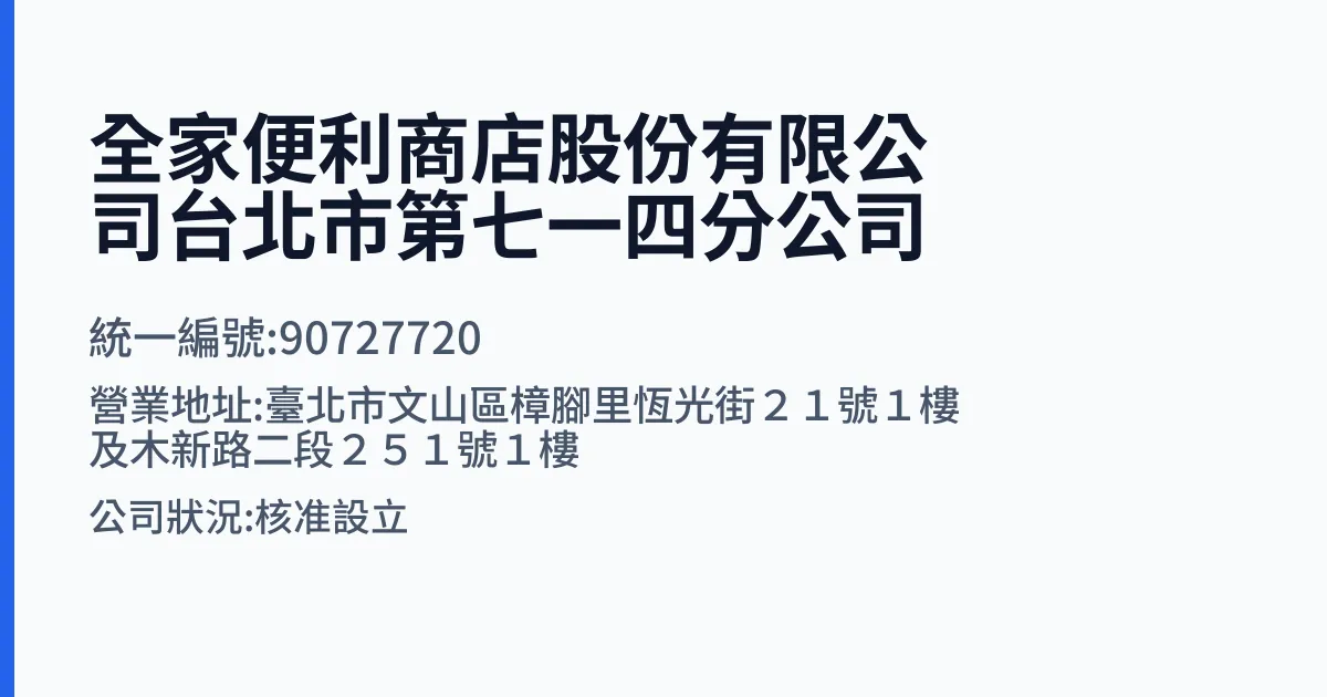 全家便利商店股份有限公司台北市第七一四分公司 - 統編 90727720(臺北市) 公司登記資料與營業項目詳細圖表