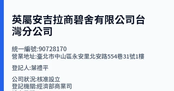 英屬安吉拉商碧舍有限公司台灣分公司的照片-統編 90728170(臺北市) 公司登記資料與營業項目詳細圖表