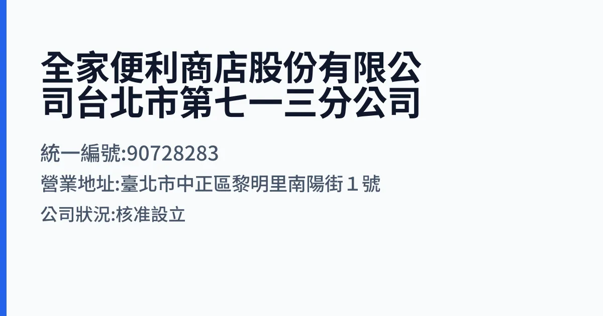 全家便利商店股份有限公司台北市第七一三分公司 - 統編 90728283(臺北市) 公司登記資料與營業項目詳細圖表