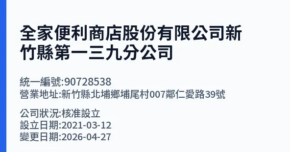 全家便利商店股份有限公司新竹縣第一三九分公司的照片-統編 90728538(新竹縣) 公司登記資料與營業項目詳細圖表
