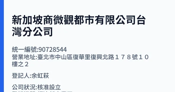 新加坡商微觀都市有限公司台灣分公司的照片-統編 90728544(臺北市) 公司登記資料與營業項目詳細圖表