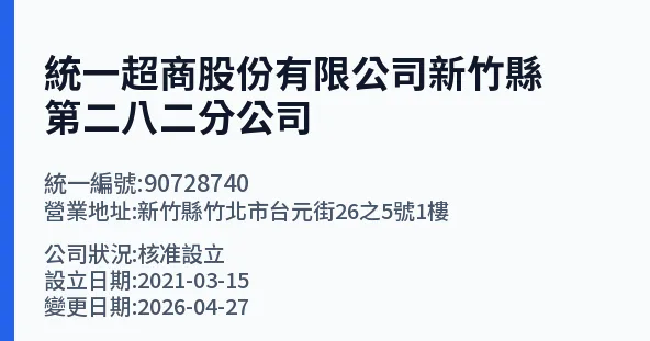 統一超商股份有限公司新竹縣第二八二分公司的照片-統編 90728740(新竹縣) 公司登記資料與營業項目詳細圖表