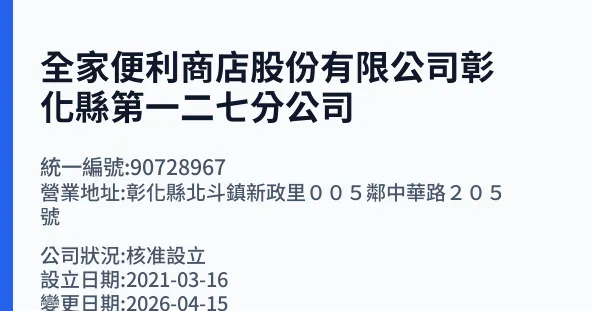 全家便利商店股份有限公司彰化縣第一二七分公司的照片-統編 90728967(彰化縣) 公司登記資料與營業項目詳細圖表