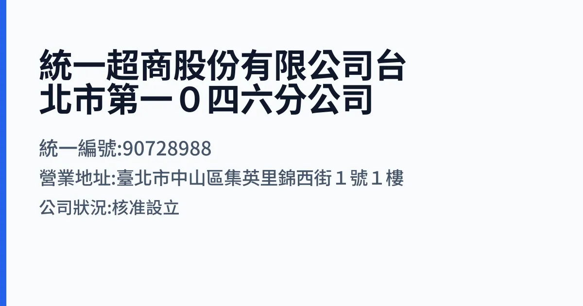統一超商股份有限公司台北市第一０四六分公司 - 統編 90728988(臺北市) 公司登記資料與營業項目詳細圖表