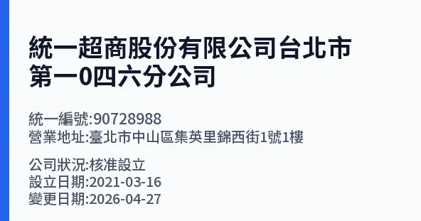 統一超商股份有限公司台北市第一0四六分公司的照片-統編 90728988(臺北市) 公司登記資料與營業項目詳細圖表