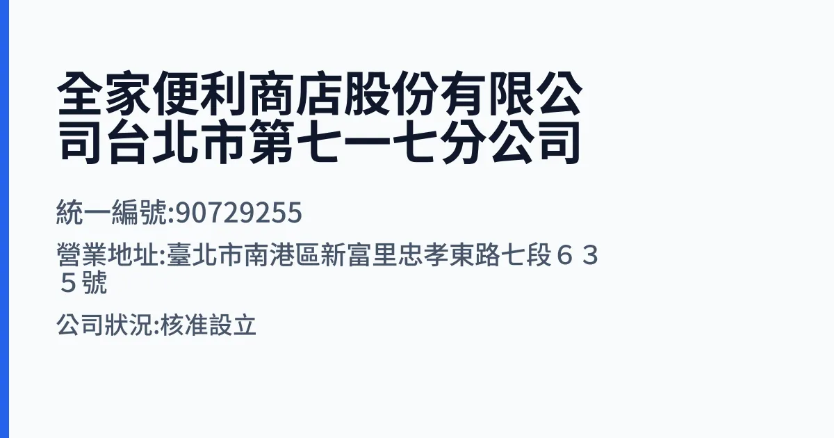 全家便利商店股份有限公司台北市第七一七分公司 - 統編 90729255(臺北市) 公司登記資料與營業項目詳細圖表