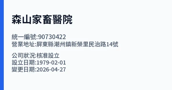 森山家畜醫院的照片-統編 90730422(屏東縣) 公司登記資料與營業項目詳細圖表