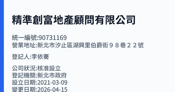 精準創富地產顧問有限公司的照片-統編 90731169(新北市) 公司登記資料與營業項目詳細圖表