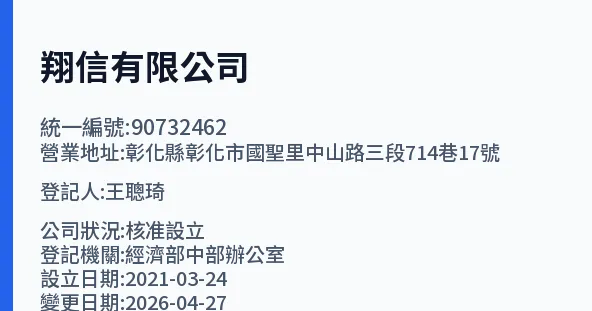 翔信有限公司的照片-統編 90732462(彰化縣) 公司登記資料與營業項目詳細圖表