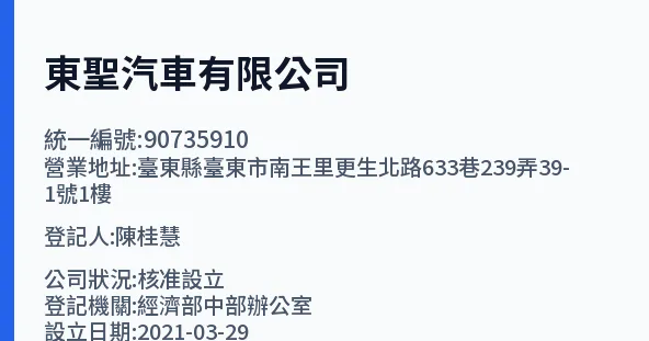 東聖汽車有限公司的照片-統編 90735910(臺東縣) 公司登記資料與營業項目詳細圖表