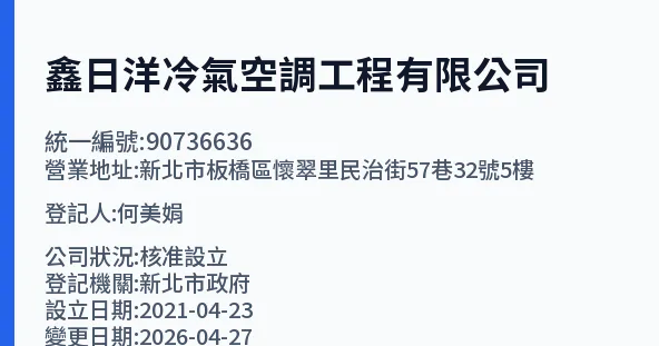 鑫日洋冷氣空調工程有限公司的照片-統編 90736636(新北市) 公司登記資料與營業項目詳細圖表