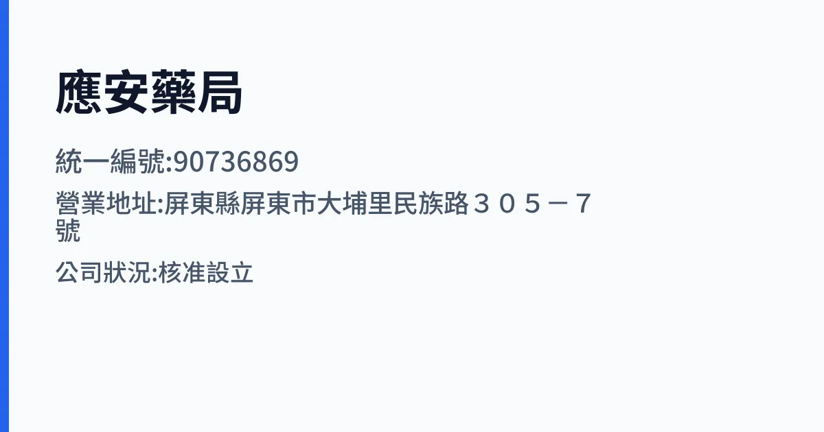 應安藥局 - 統編 90736869(屏東縣) 公司登記資料與營業項目詳細圖表