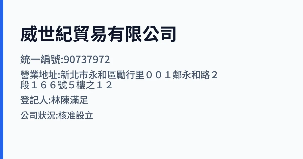 威世紀貿易有限公司 - 統編 90737972(新北市) 公司登記資料與營業項目詳細圖表