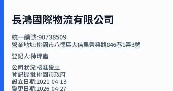 長鴻國際物流有限公司的照片-統編 90738509(桃園市) 公司登記資料與營業項目詳細圖表