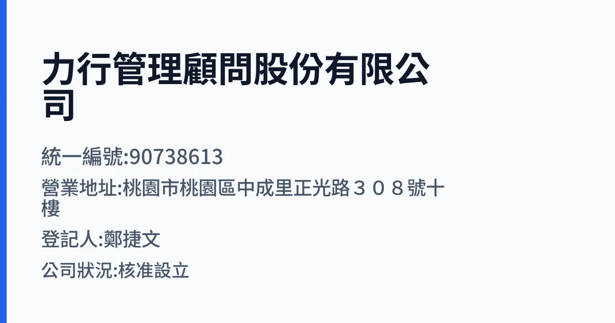 力行管理顧問股份有限公司 - 統編 90738613(桃園市) 公司登記資料與營業項目詳細圖表