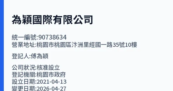為穎國際有限公司的照片-統編 90738634(桃園市) 公司登記資料與營業項目詳細圖表