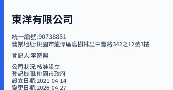 東洋有限公司的照片-統編 90738851(桃園市) 公司登記資料與營業項目詳細圖表