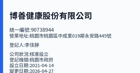 博善健康股份有限公司的照片-統編 90738944(桃園市) 公司登記資料與營業項目詳細圖表
