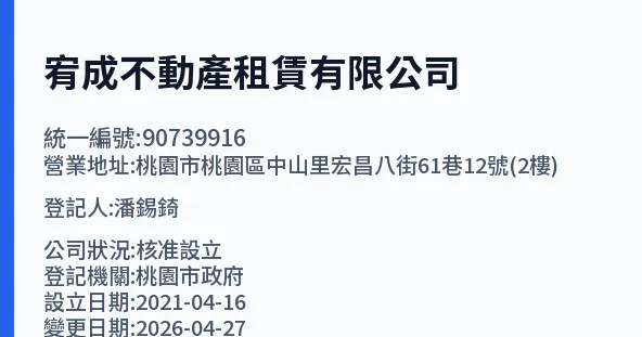 宥成不動產租賃有限公司的照片-統編 90739916(桃園市) 公司登記資料與營業項目詳細圖表