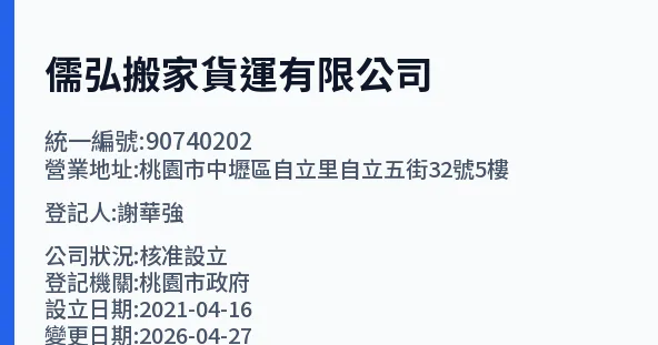儒弘搬家貨運有限公司的照片-統編 90740202(桃園市) 公司登記資料與營業項目詳細圖表