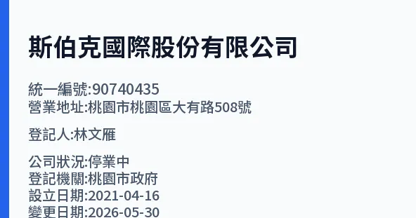 斯伯克國際股份有限公司的照片-統編 90740435(桃園市) 公司登記資料與營業項目詳細圖表