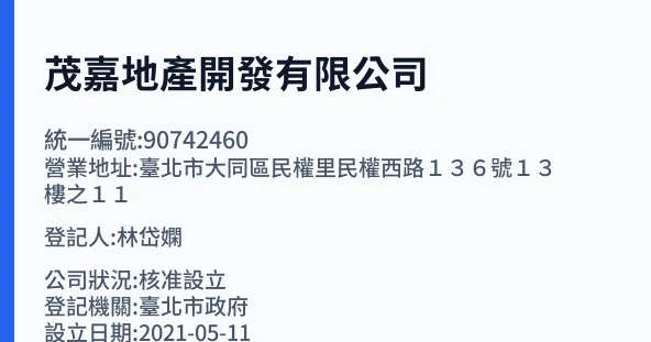 茂嘉地產開發有限公司的照片-統編 90742460(臺北市) 公司登記資料與營業項目詳細圖表