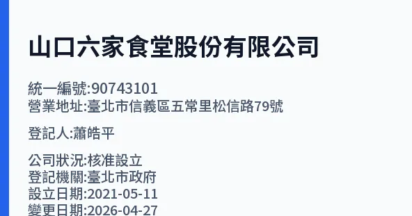 山口六家食堂股份有限公司的照片-統編 90743101(臺北市) 公司登記資料與營業項目詳細圖表
