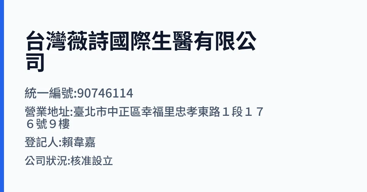 台灣薇詩國際生醫有限公司 - 統編 90746114(臺北市) 公司登記資料與營業項目詳細圖表