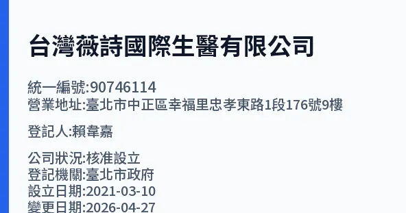 台灣薇詩國際生醫有限公司的照片-統編 90746114(臺北市) 公司登記資料與營業項目詳細圖表