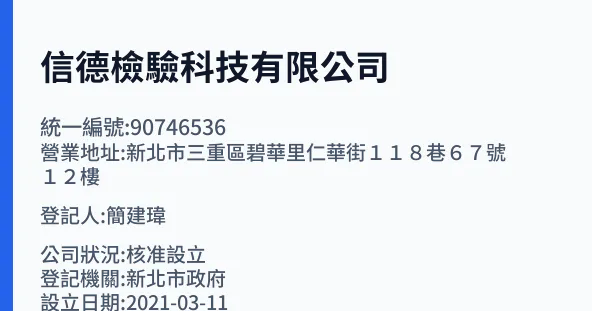 信德檢驗科技有限公司的照片-統編 90746536(新北市) 公司登記資料與營業項目詳細圖表