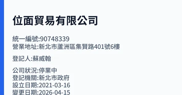 位面貿易有限公司的照片-統編 90748339(新北市) 公司登記資料與營業項目詳細圖表