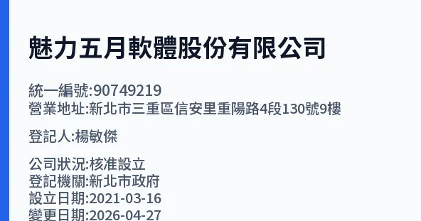 魅力五月軟體股份有限公司的照片-統編 90749219(新北市) 公司登記資料與營業項目詳細圖表