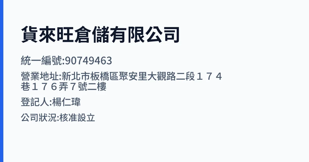 貨來旺倉儲有限公司 - 統編 90749463(新北市) 公司登記資料與營業項目詳細圖表