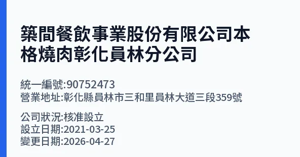 築間餐飲事業股份有限公司本格燒肉彰化員林分公司的照片-統編 90752473(彰化縣) 公司登記資料與營業項目詳細圖表