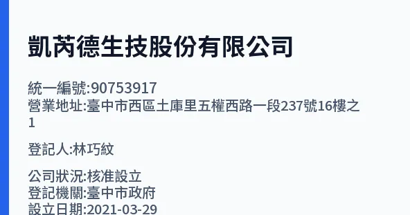 凱芮德生技股份有限公司的照片-統編 90753917(臺中市) 公司登記資料與營業項目詳細圖表