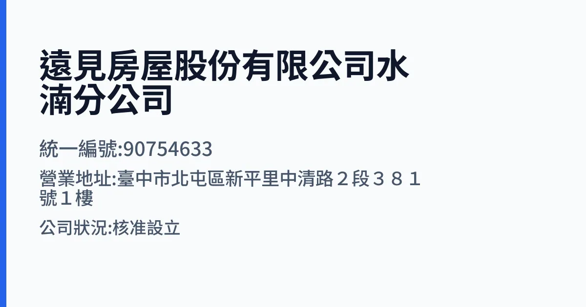 遠見房屋股份有限公司水湳分公司 - 統編 90754633(臺中市) 公司登記資料與營業項目詳細圖表