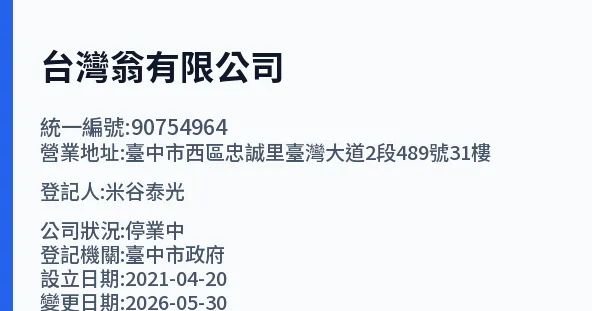 台灣翁有限公司的照片-統編 90754964(臺中市) 公司登記資料與營業項目詳細圖表