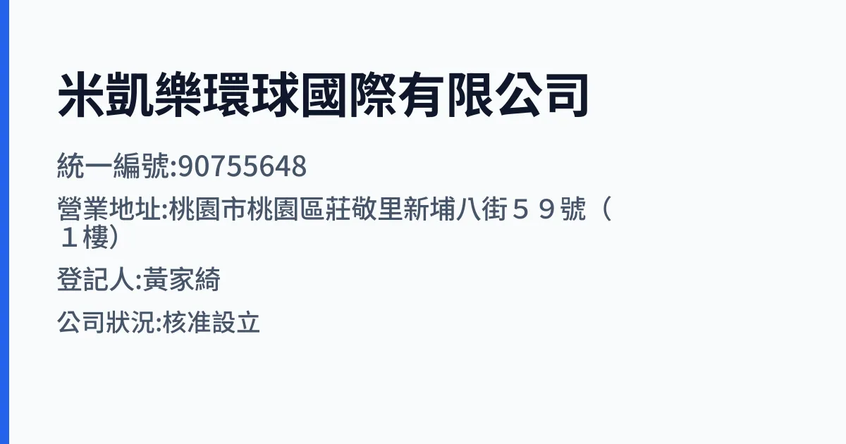 米凱樂環球國際有限公司 - 統編 90755648(桃園市) 公司登記資料與營業項目詳細圖表