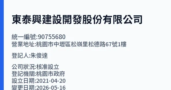 東泰興建設開發股份有限公司的照片-統編 90755680(桃園市) 公司登記資料與營業項目詳細圖表