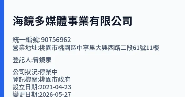 海鏡多媒體事業有限公司的照片-統編 90756962(桃園市) 公司登記資料與營業項目詳細圖表