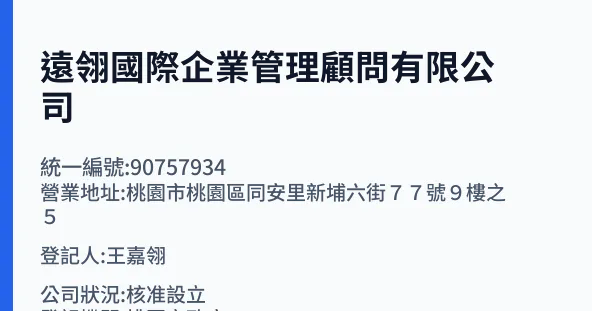 遠翎國際企業管理顧問有限公司的照片-統編 90757934(桃園市) 公司登記資料與營業項目詳細圖表