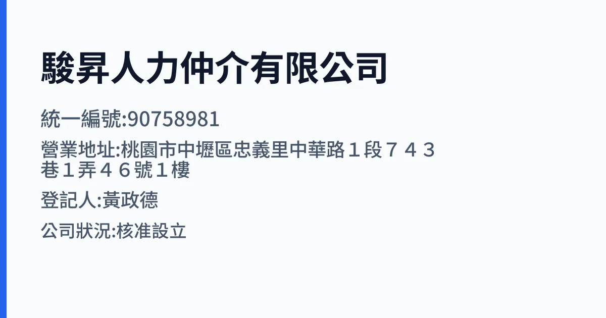 駿昇人力仲介有限公司 - 統編 90758981(桃園市) 公司登記資料與營業項目詳細圖表