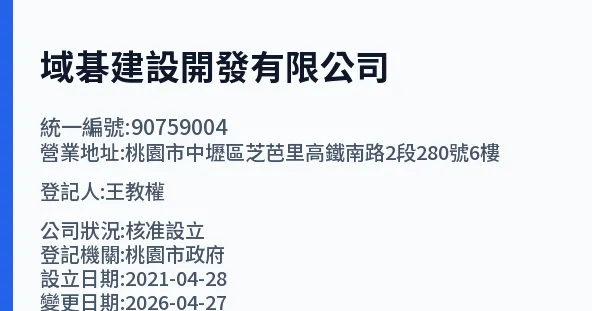 域碁建設開發有限公司的照片-統編 90759004(桃園市) 公司登記資料與營業項目詳細圖表