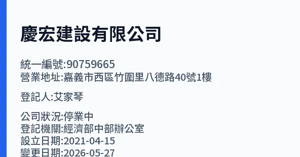 慶宏建設有限公司的照片-統編 90759665(嘉義市) 公司登記資料與營業項目詳細圖表