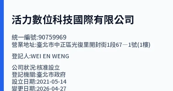 活力數位科技國際有限公司的照片-統編 90759969(臺北市) 公司登記資料與營業項目詳細圖表